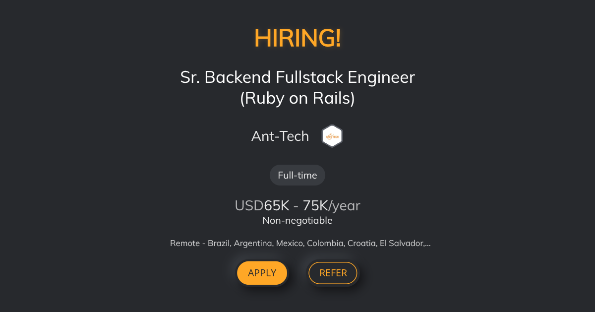 Sr. Backend Fullstack Engineer (Ruby on Rails) at Ant-Tech | Torre