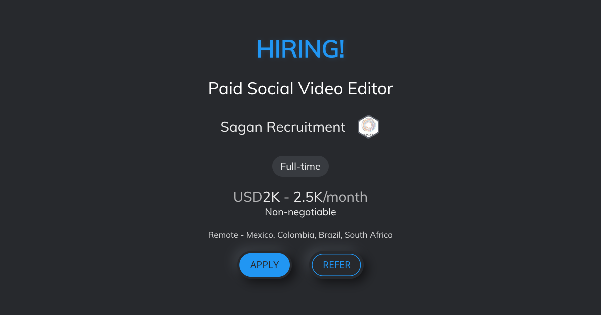 Paid Social Video Editor at Sagan Recruitment | Torre
