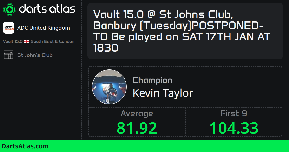 Vault 15.0 @ St Johns Club, Banbury (Tuesday)POSTPONED- TO Be played on ...