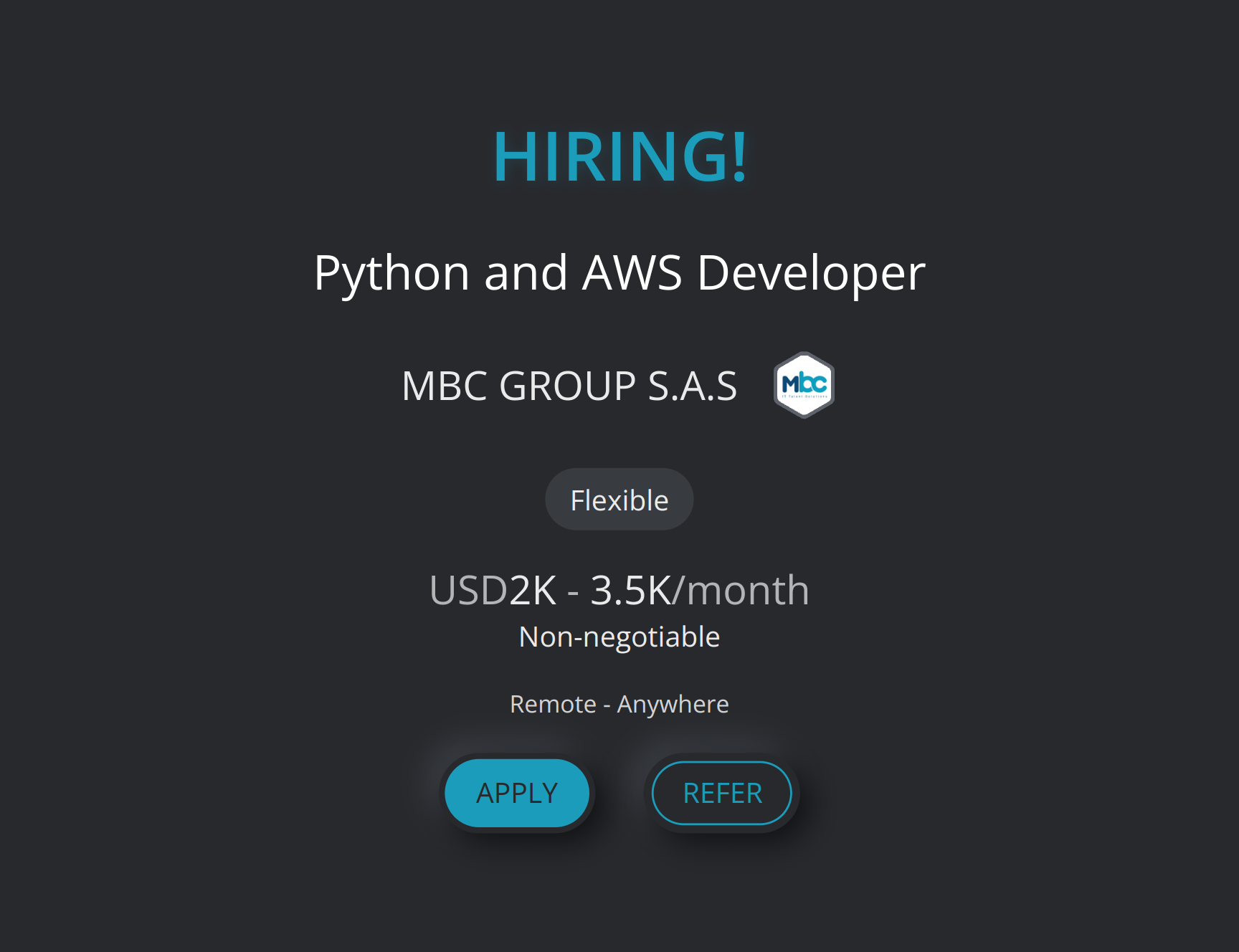 Python and AWS Developer at MBC GROUP S.A.S | Torre