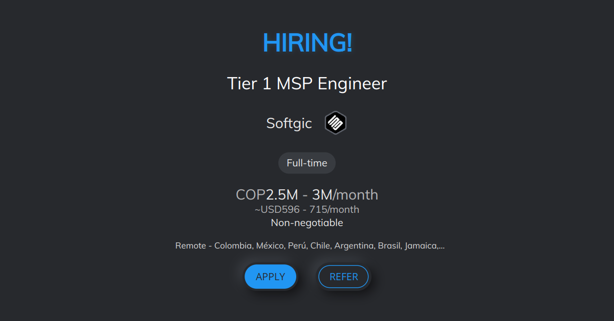 Tier 1 MSP Engineer at Softgic | Torre