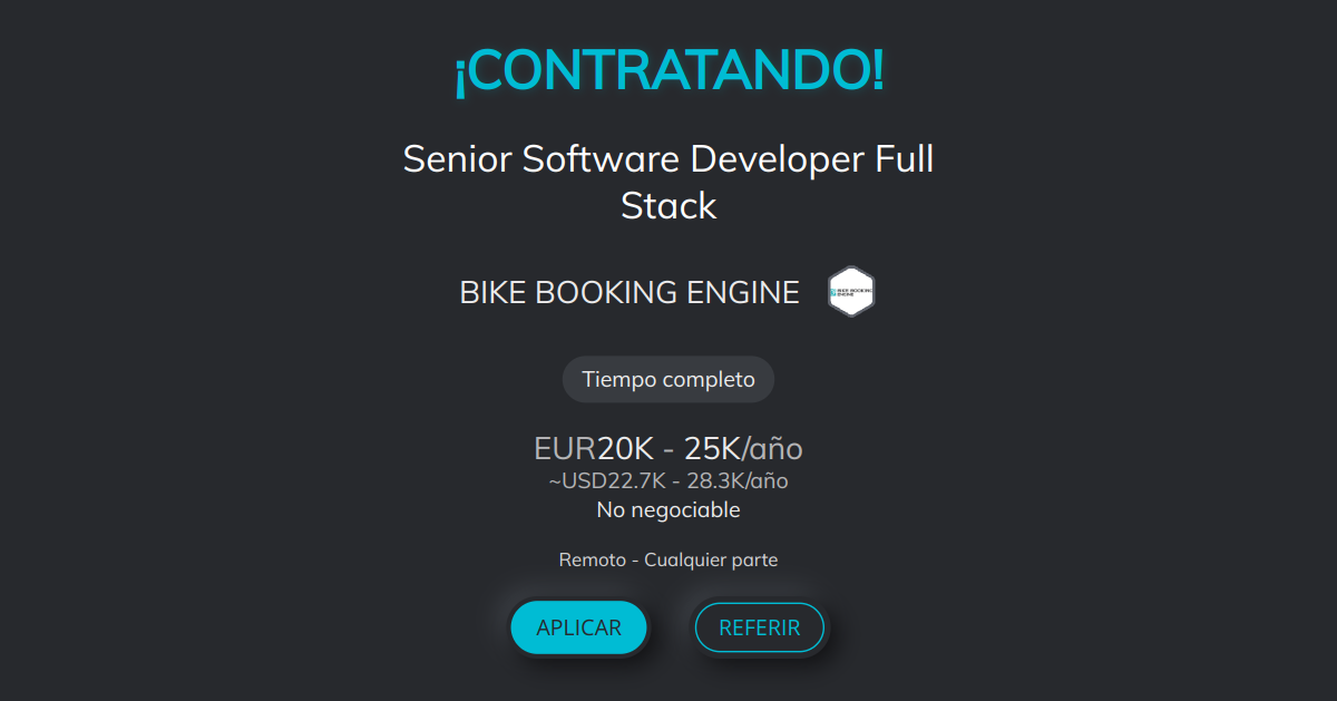 Senior Software Developer Full Stack en BIKE BOOKING ENGINE | Torre