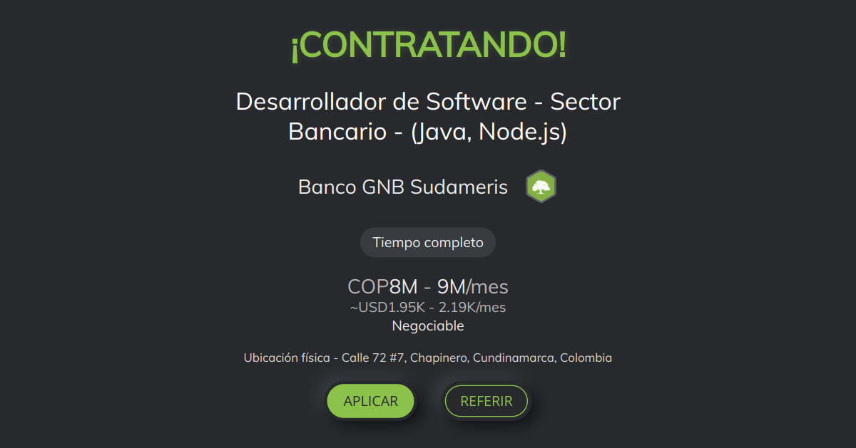 Desarrollador de Software - Sector Bancario - (Java, Node.js) en Banco GNB Sudameris | Torre