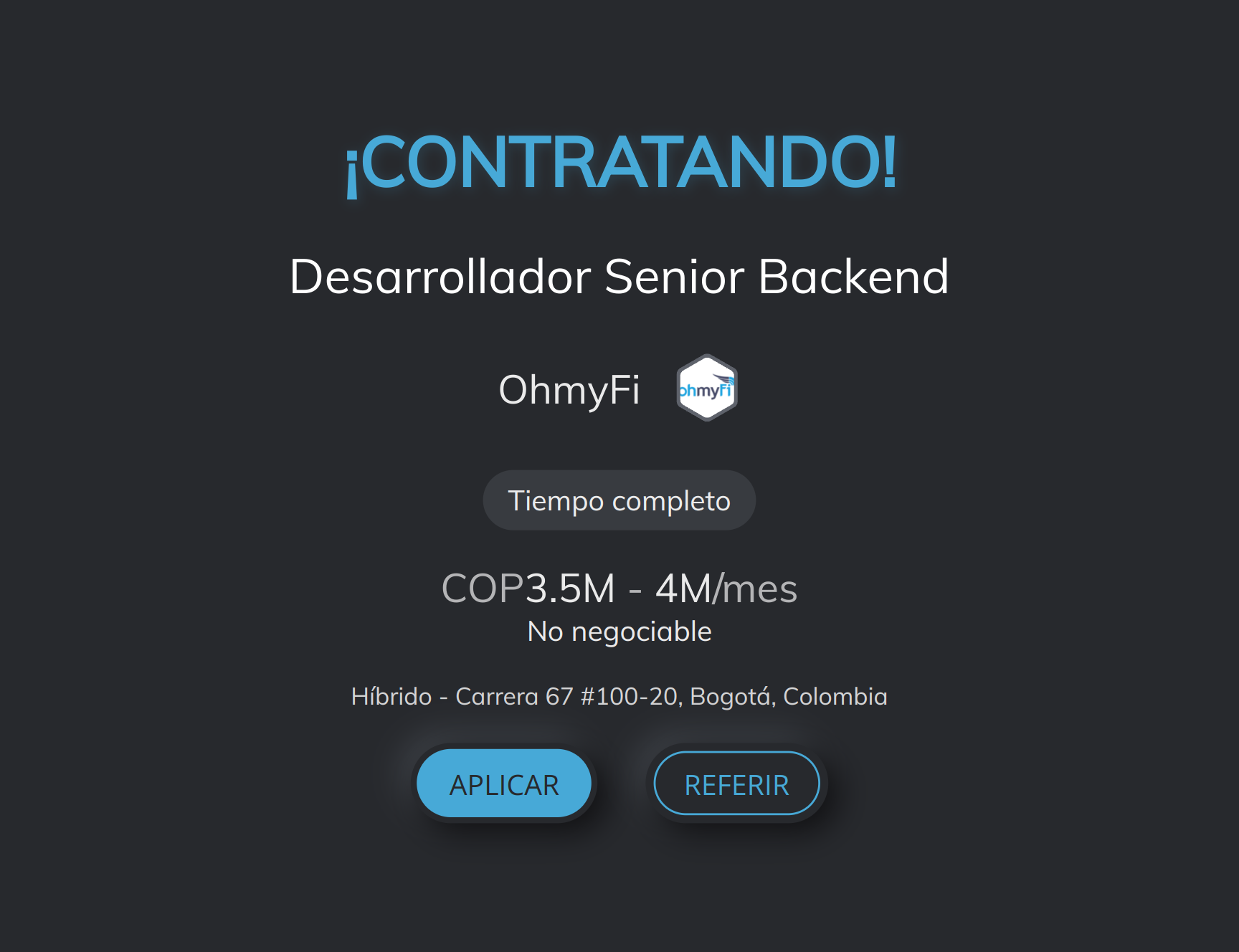 Desarrollador Senior Backend en OhmyFi | Torre Desarrollador Senior Backend en OhmyFi | Torre