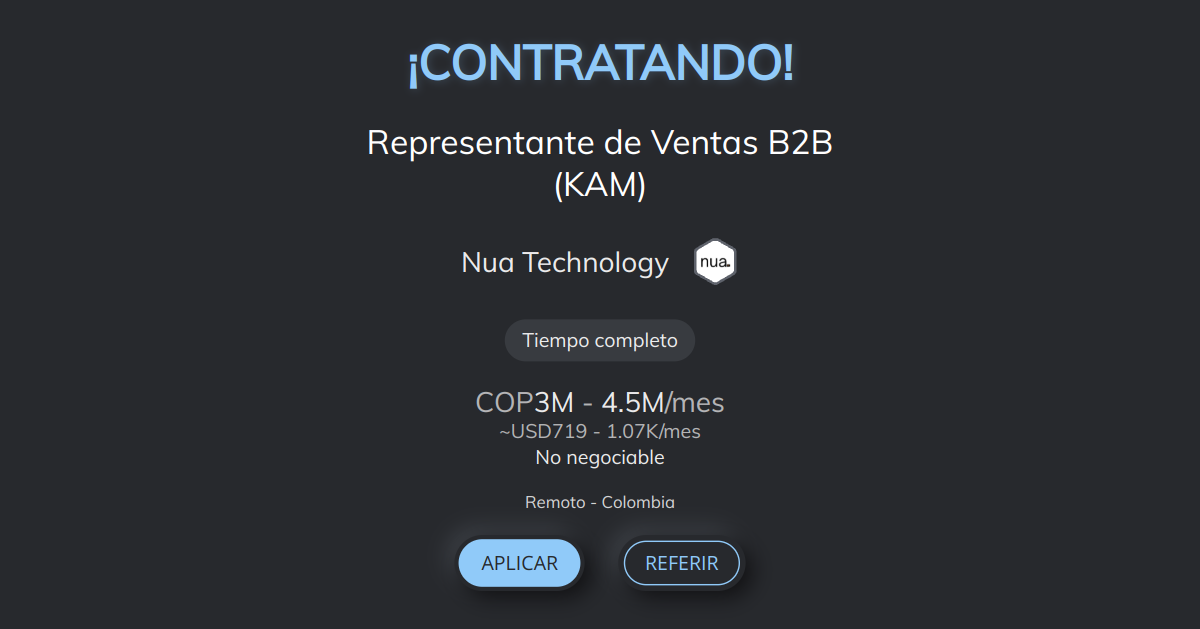 Representante de Ventas B2B (KAM) en Nua Technology | Torre