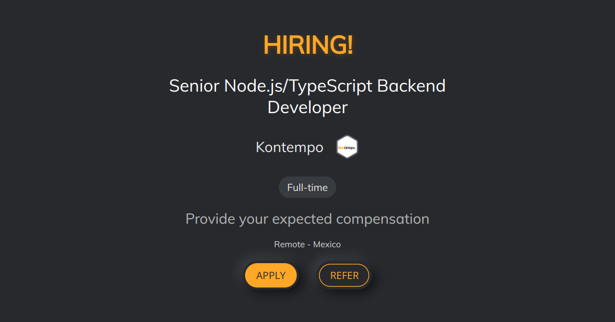 Senior Node.js/TypeScript Backend Developer at Kontempo | Torre