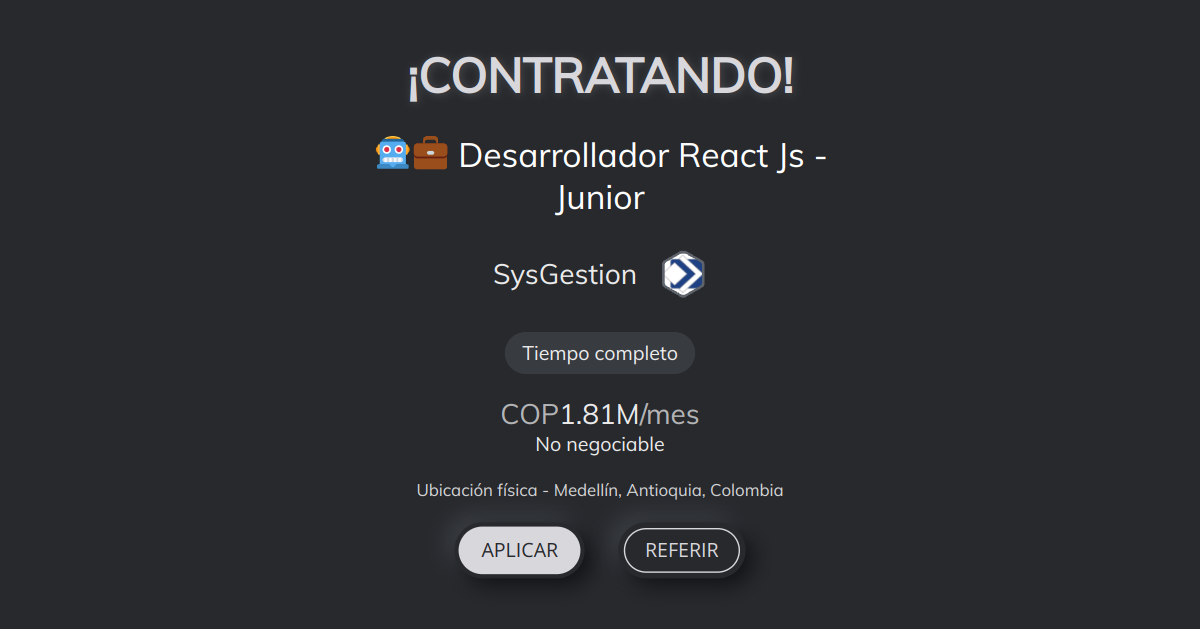 🤖💼 Desarrollador React Js - Junior en SysGestion | Torre 🤖💼 Desarrollador React Js - Junior en SysGestion | Torre