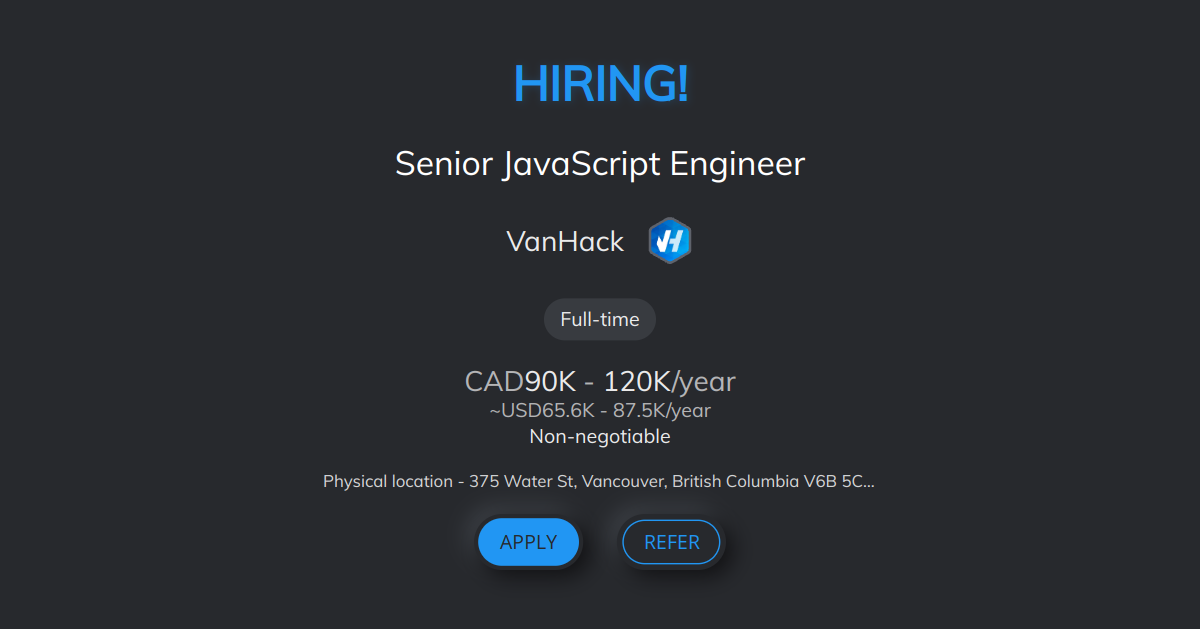 Senior JavaScript Engineer at VanHack | Torre