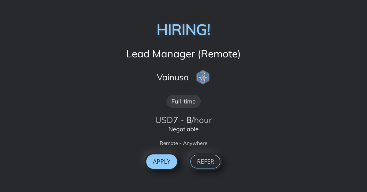 Lead Manager (Remote) at Vainusa | Torre
