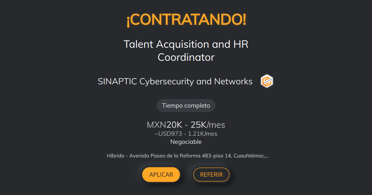 Talent Acquisition and HR Coordinator en SINAPTIC Cybersecurity and Networks | Torre