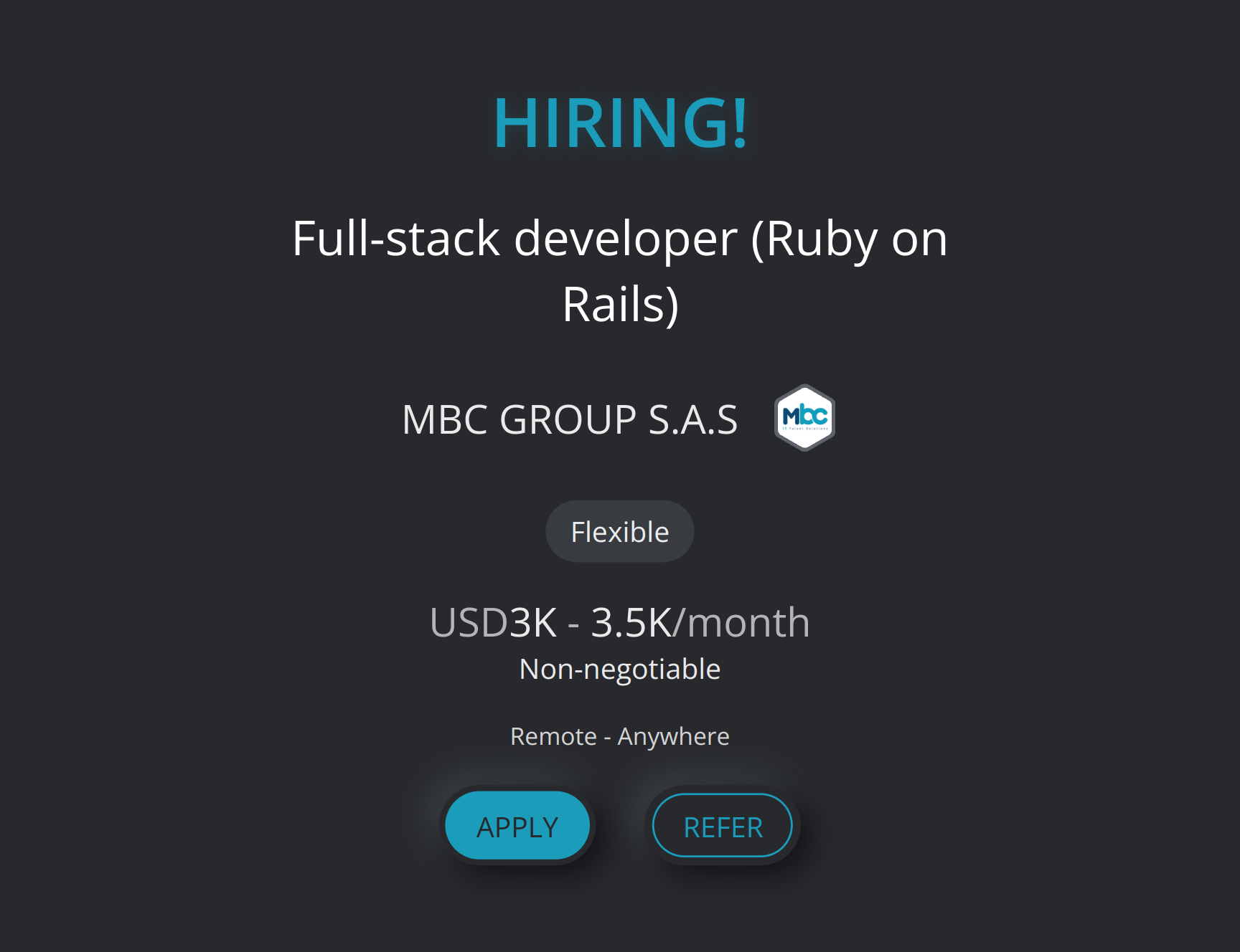 Full-stack developer (Ruby on Rails) at MBC GROUP S.A.S | Torre