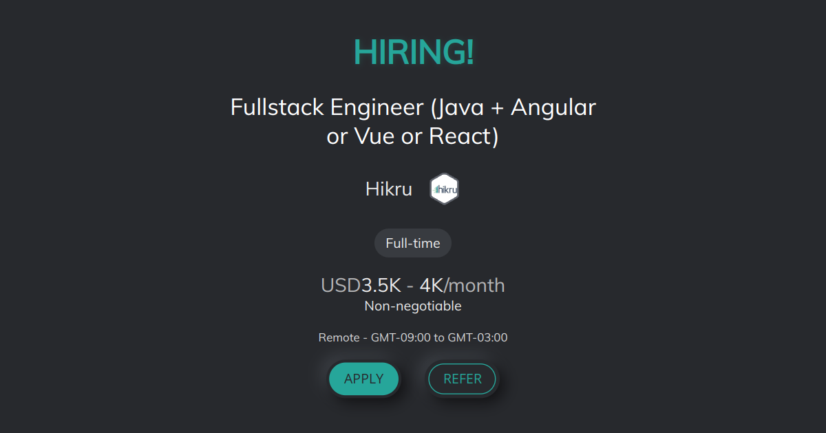 Fullstack Engineer (Java + Angular or Vue or React) at Hikru | Torre
