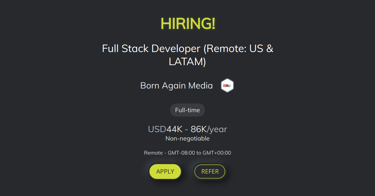 Full Stack Developer (Remote: US & LATAM) at Born Again Media | Torre