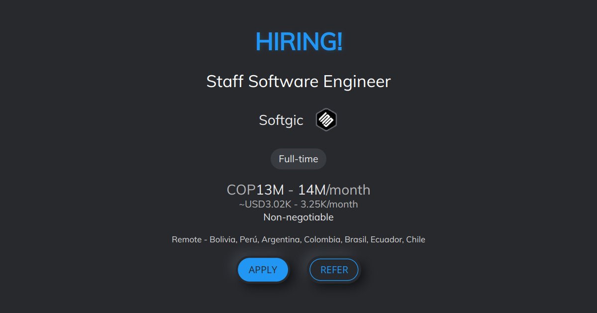 Staff Software Engineer at Softgic | Torre