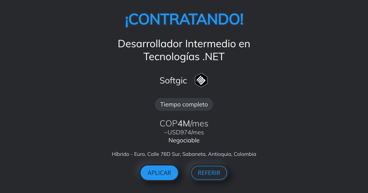Desarrollador Intermedio en Tecnologías .NET en Softgic | Torre Desarrollador Intermedio en Tecnologías .NET en Softgic | Torre