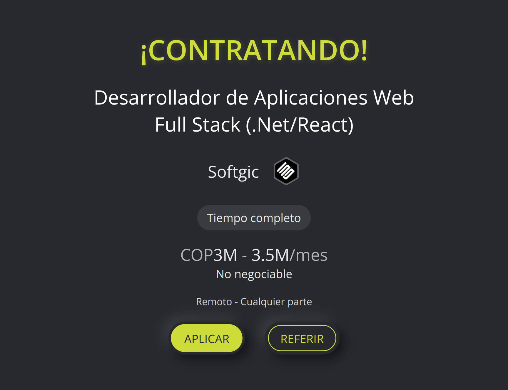 Desarrollador de Aplicaciones Web Full Stack (.Net/React) en Softgic | Torre