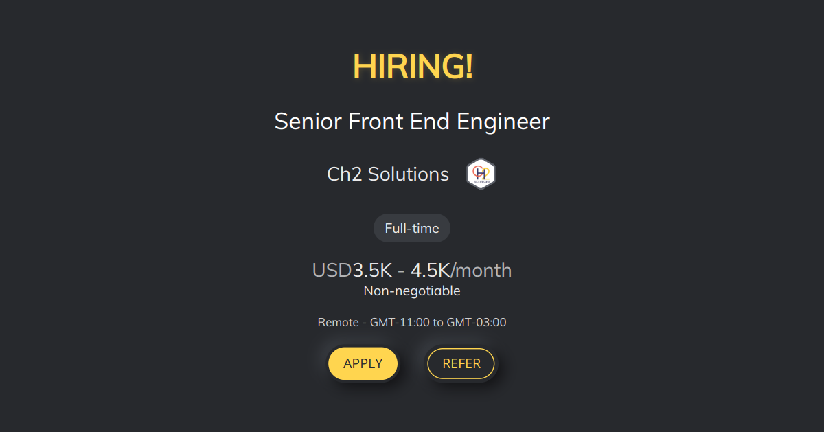 Senior Front End Engineer at Ch2 Solutions | Torre
