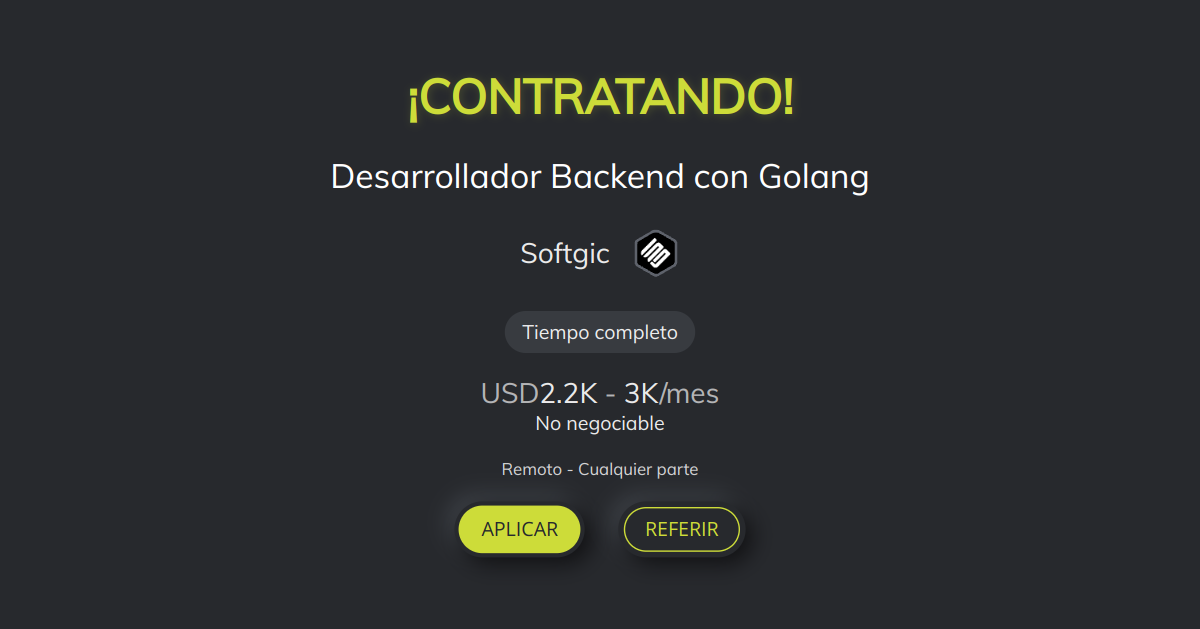 Desarrollador Backend con Golang en Softgic | Torre Desarrollador Backend con Golang en Softgic | Torre