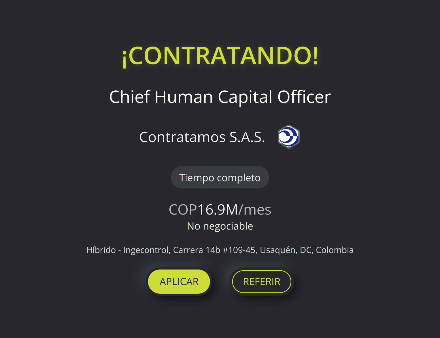 Chief Human Capital Officer en Contratamos S.A.S. | Torre