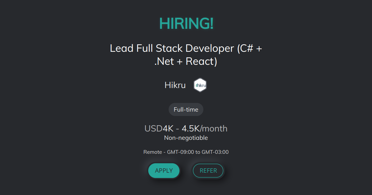 Lead Full Stack Developer (C# + .Net + React) at Hikru | Torre
