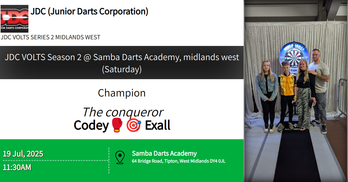 JDC VOLTS Season 2 @ Samba Darts Academy, midlands west (Saturday)