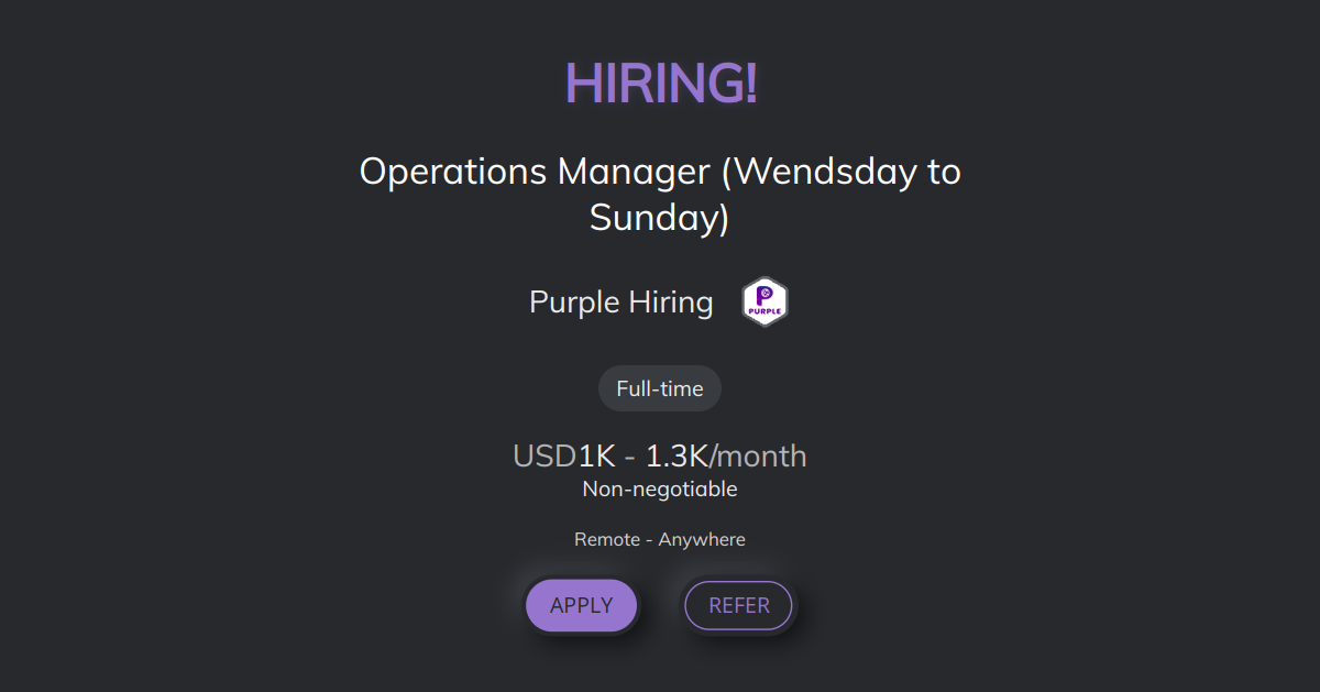 Operations Manager (Wendsday to Sunday) at Purple Hiring | Torre