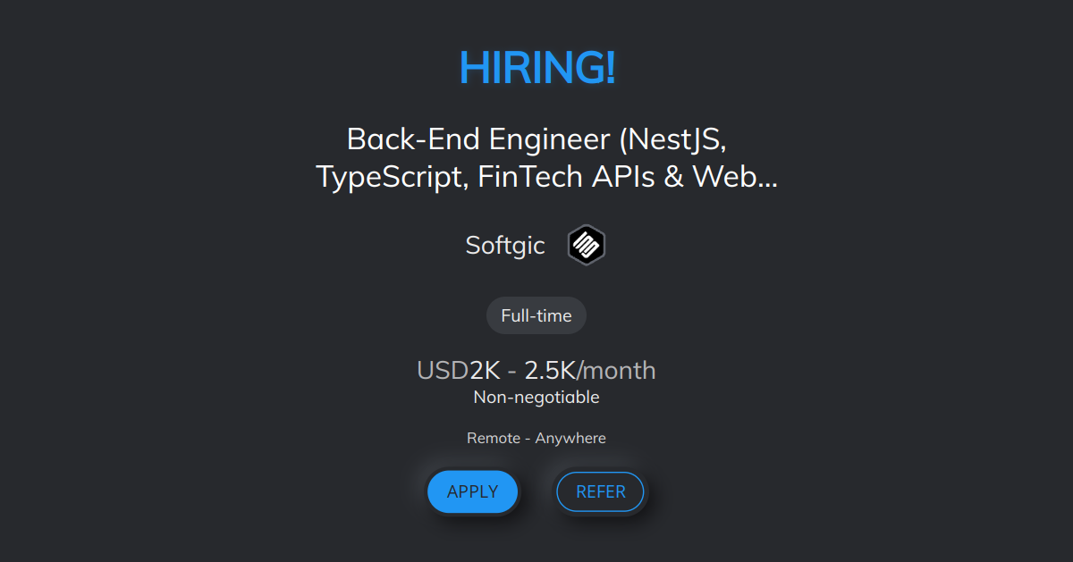 Back End Engineer Nestjs Typescript Fintech Apis And Web Scraping At Softgic Torre