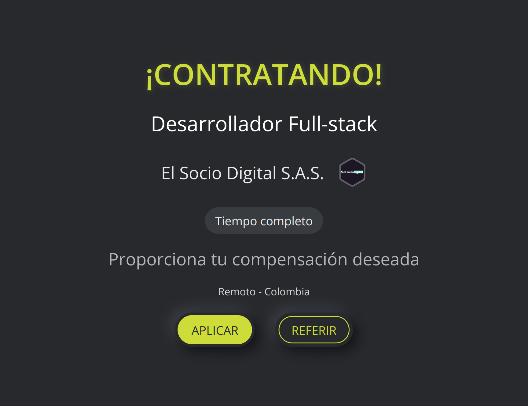 Desarrollador Full-stack en El Socio Digital S.A.S. | Torre