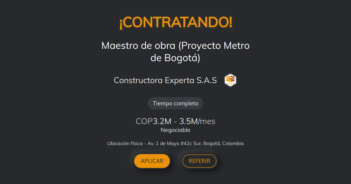 Maestro de obra (Proyecto Metro de Bogotá) en Constructora Experta | Torre