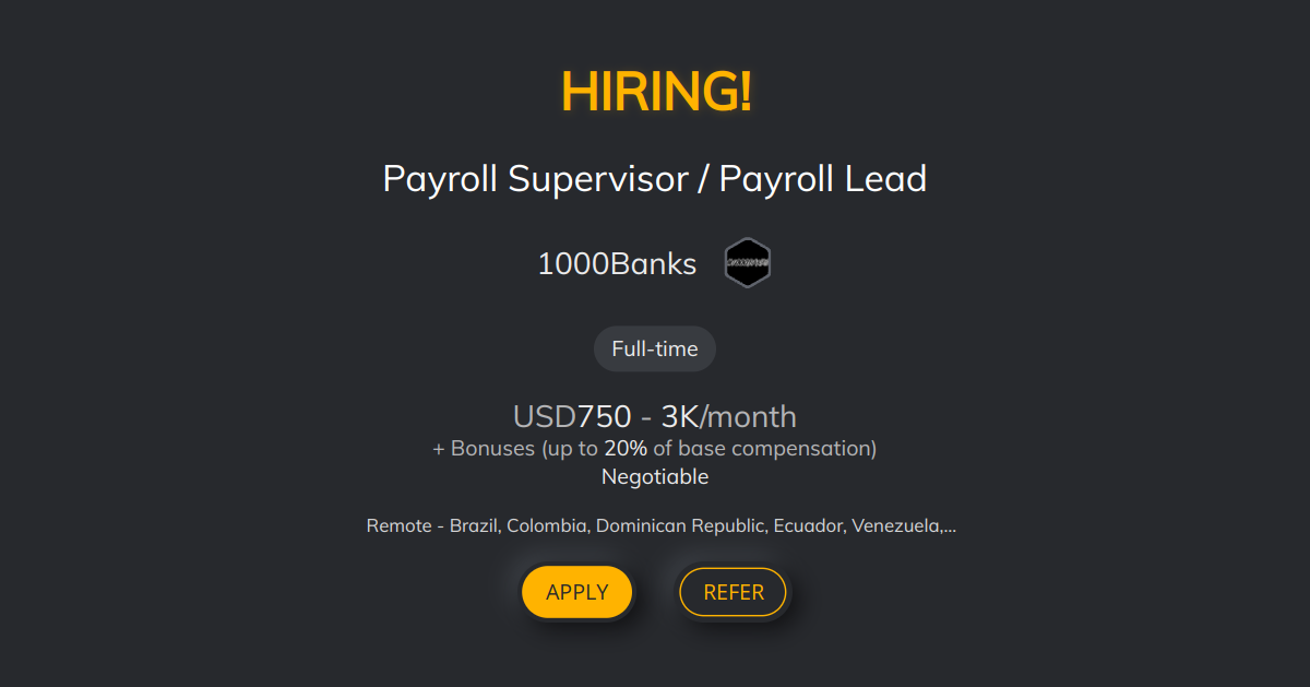 Payroll Supervisor / Payroll Lead at 1000Banks | Torre