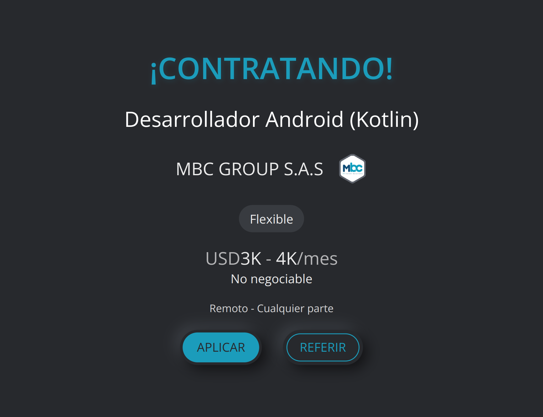 Desarrollador Android (Kotlin) en MBC GROUP S.A.S | Torre
