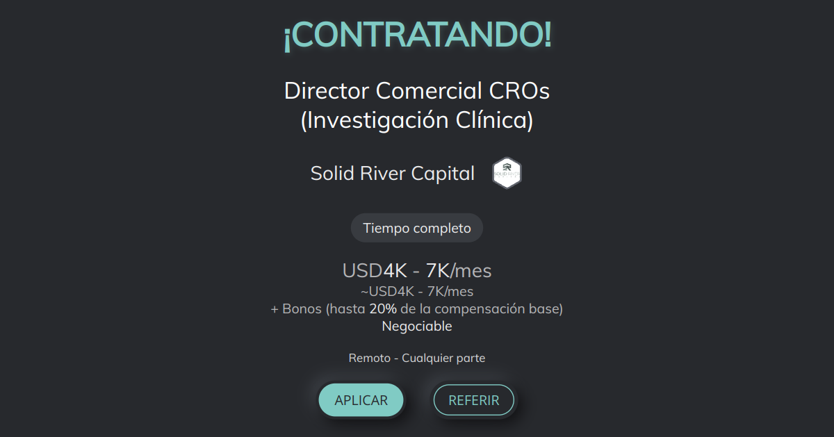 Director Comercial CROs (Investigación Clínica) en Solid River Capital | Torre