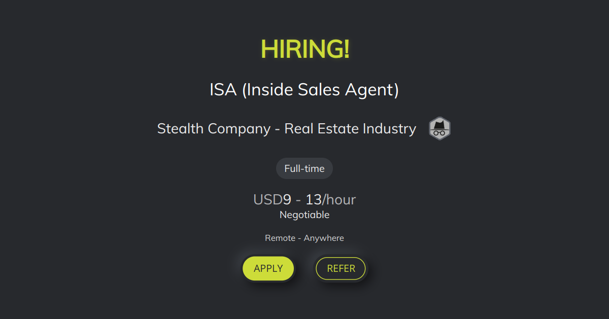 ISA (Inside Sales Agent) at Stealth Company - Real Estate Industry | Torre