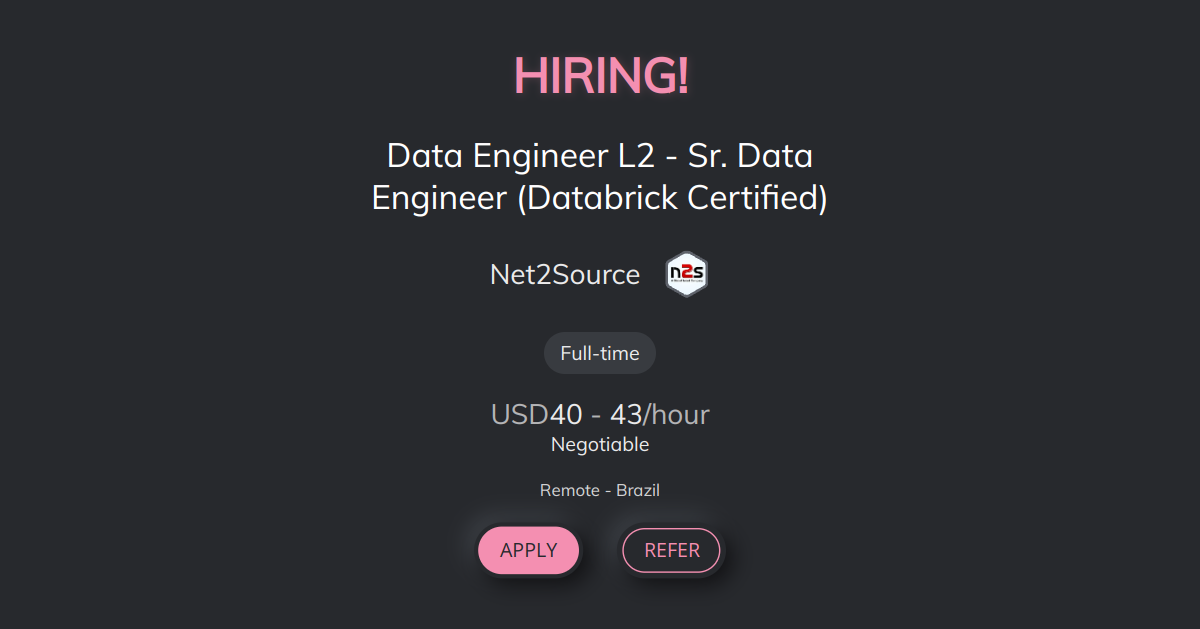 Data Engineer L2 - Sr. Data Engineer (Databrick Certified) at Net2Source | Torre
