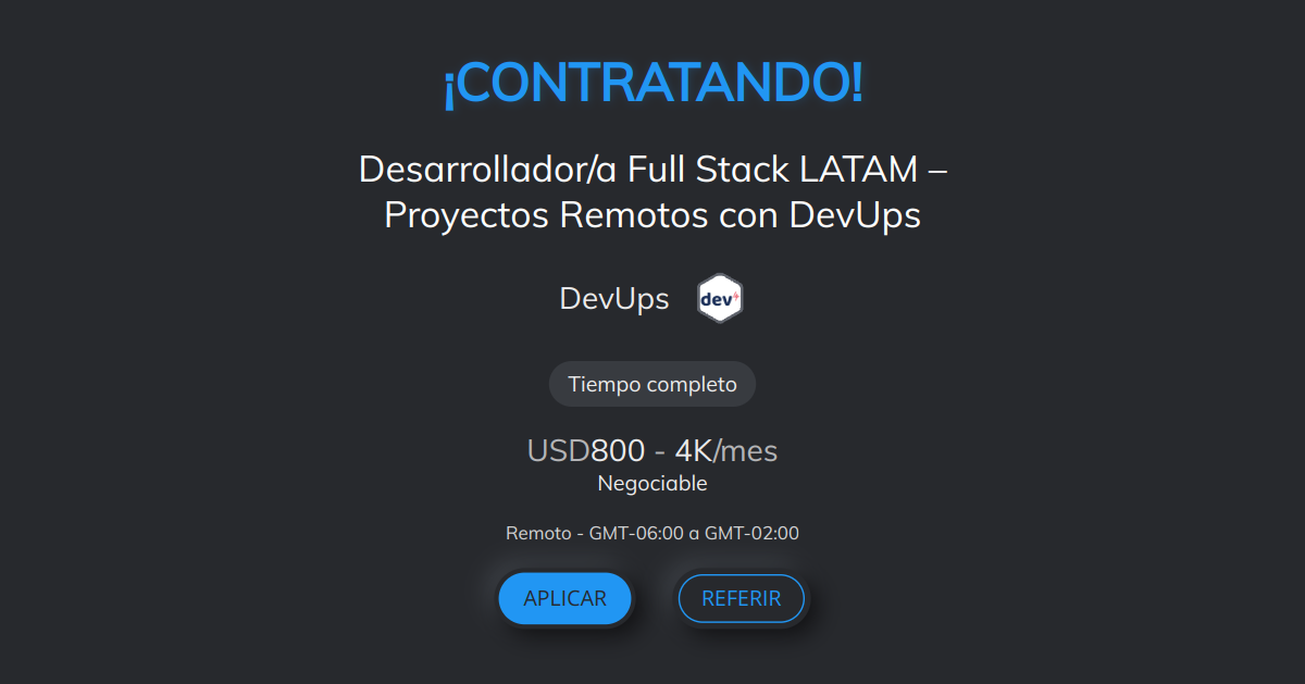Desarrollador/a Full Stack LATAM – Proyectos Remotos con DevUps en DevUps | Torre