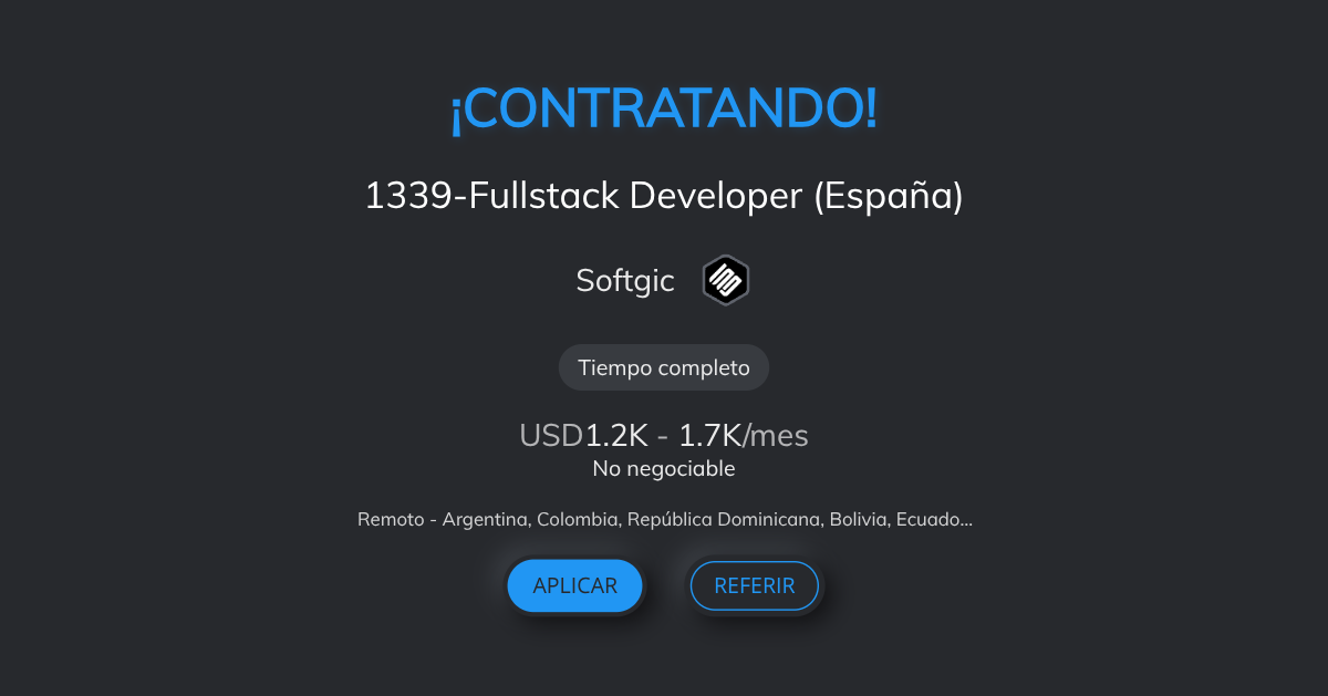 1339-Fullstack Developer (España) en Softgic | Torre