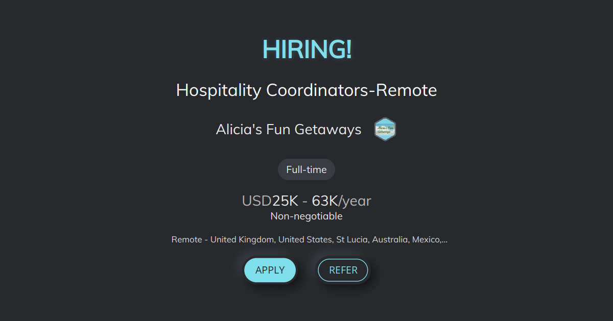 Hospitality Coordinators-Remote at Alicia's Fun Getaways | Torre