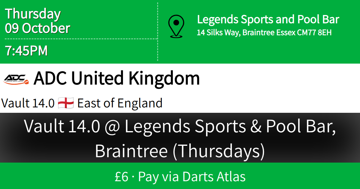 Vault 14.0 @ Legends Sports & Pool Bar, Braintree (Thursdays)