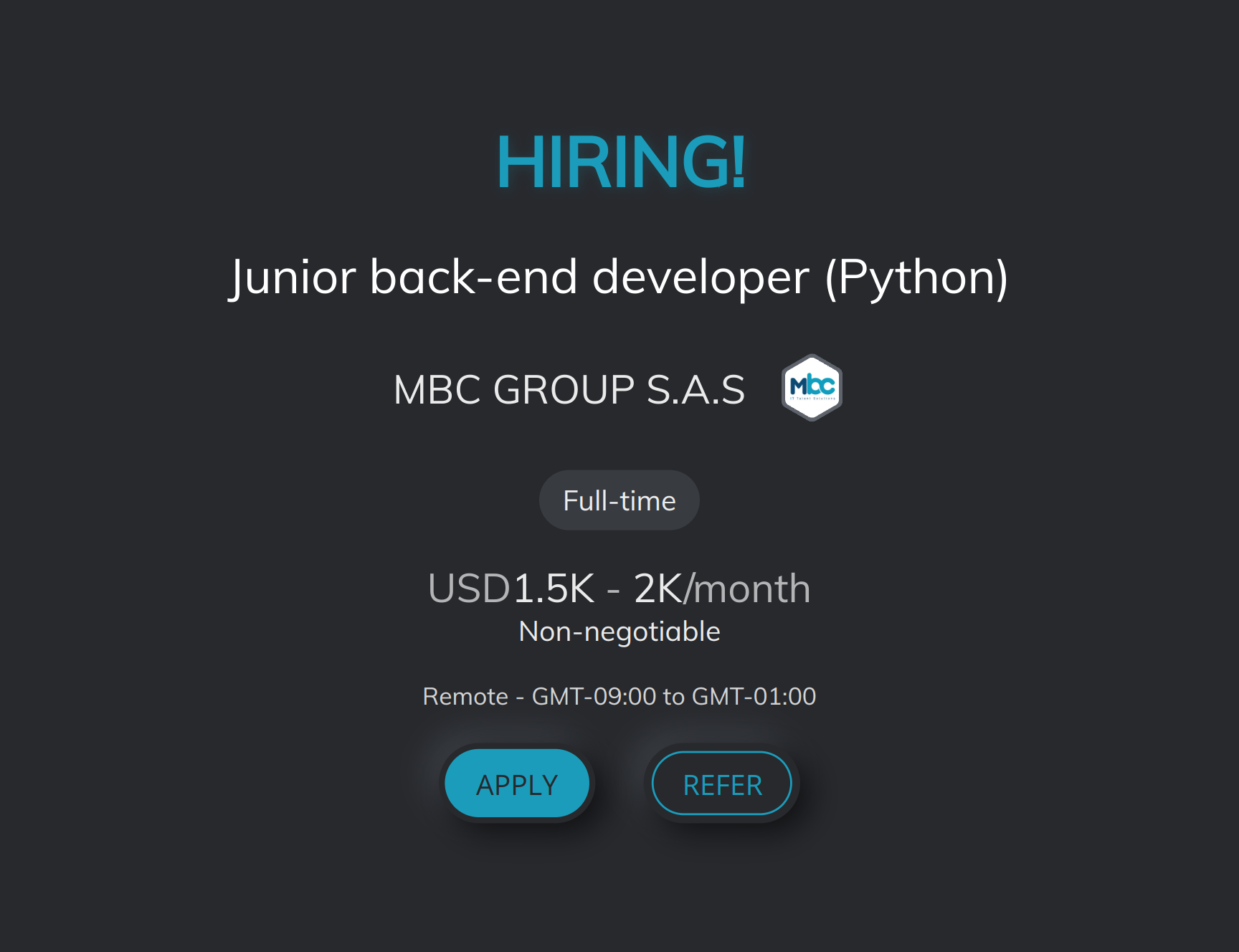 Junior back-end developer (Python) at MBC GROUP S.A.S | Torre