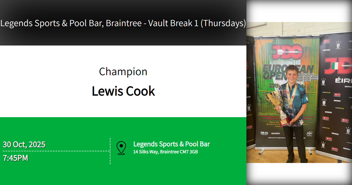 Legends Sports & Pool Bar, Braintree - Vault Break 1 (Thursdays)
