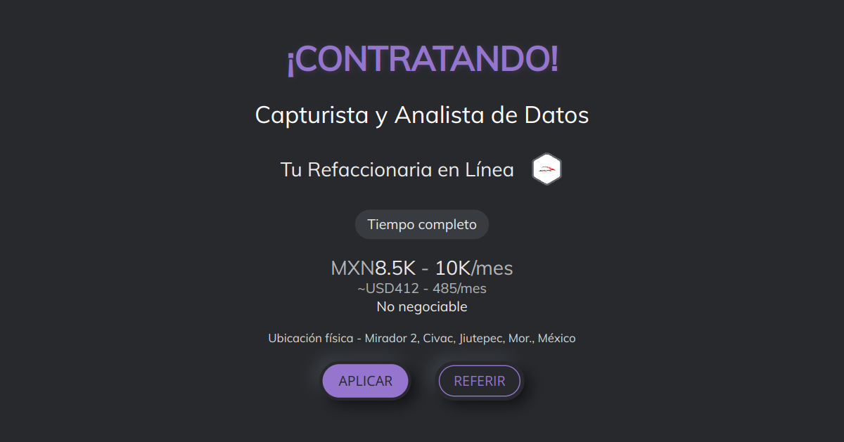 Capturista y Analista de Datos en Tu Refaccionaria en Línea | Torre