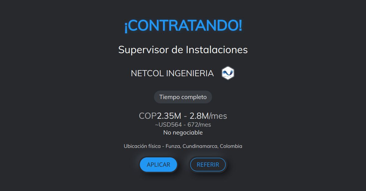 Supervisor de Instalaciones en Netcol Ingeniería | Torre