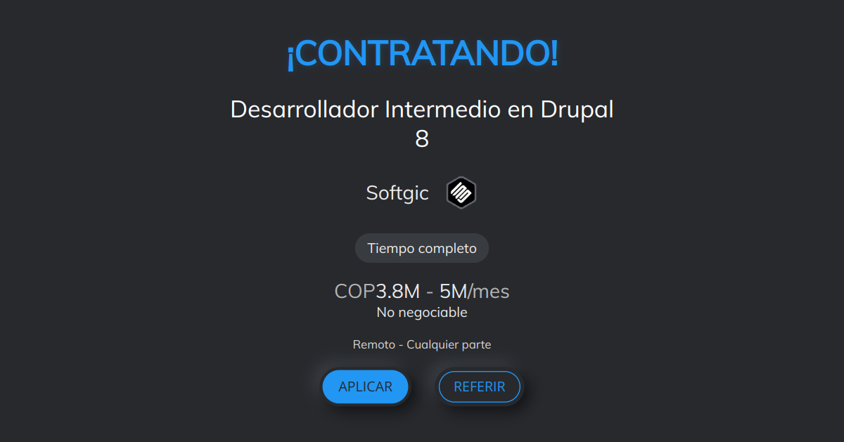Desarrollador Intermedio en Drupal 8 en Softgic | Torre