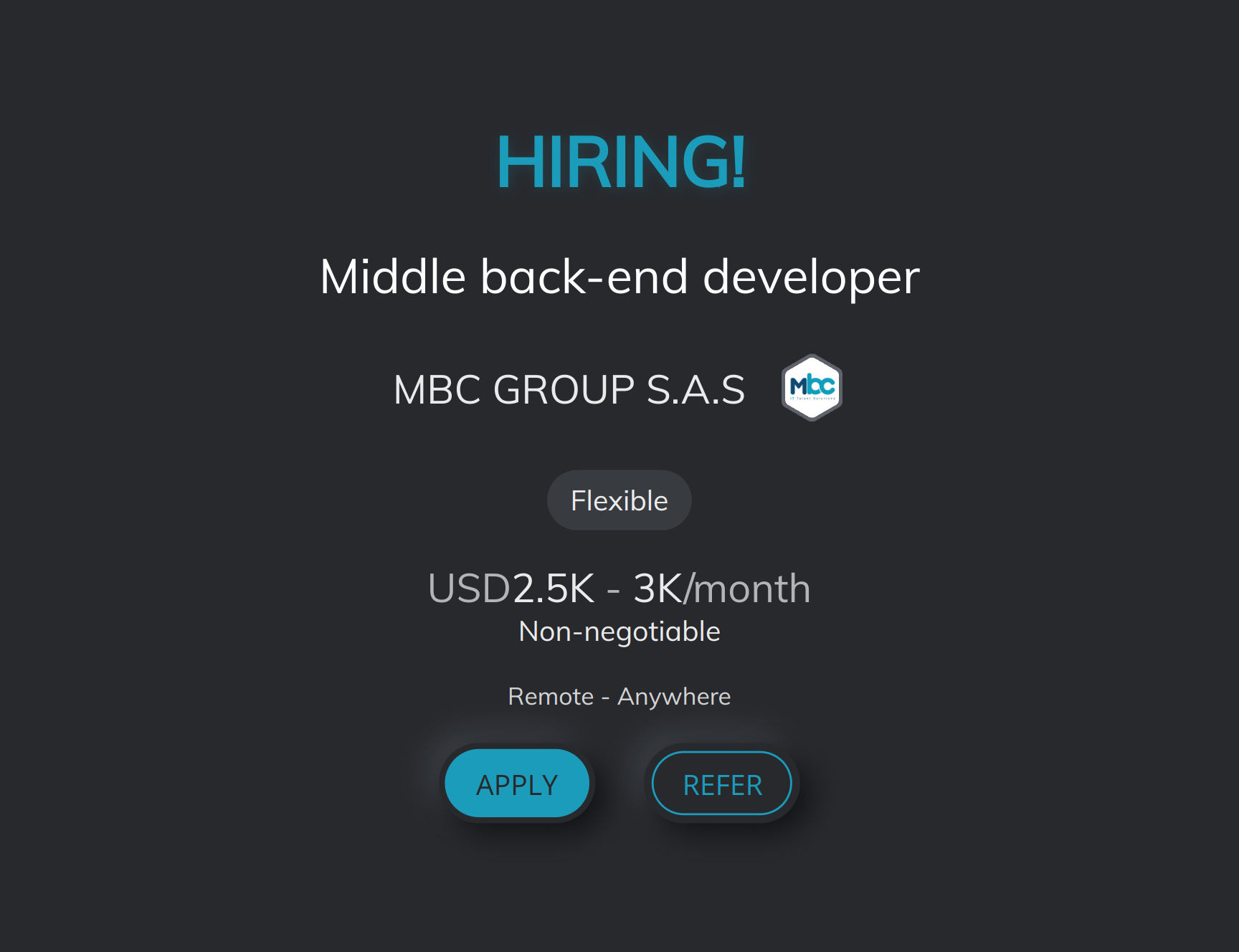 Middle back-end developer at MBC GROUP S.A.S | Torre