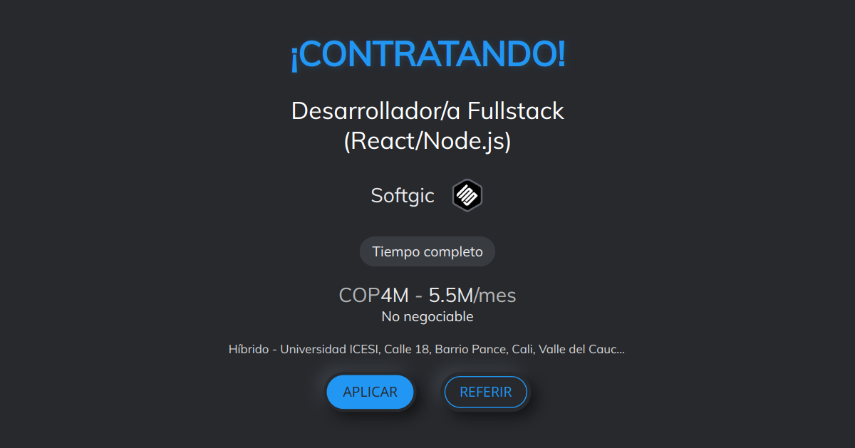 Desarrollador/a Fullstack (React/Node.js) en Softgic | Torre