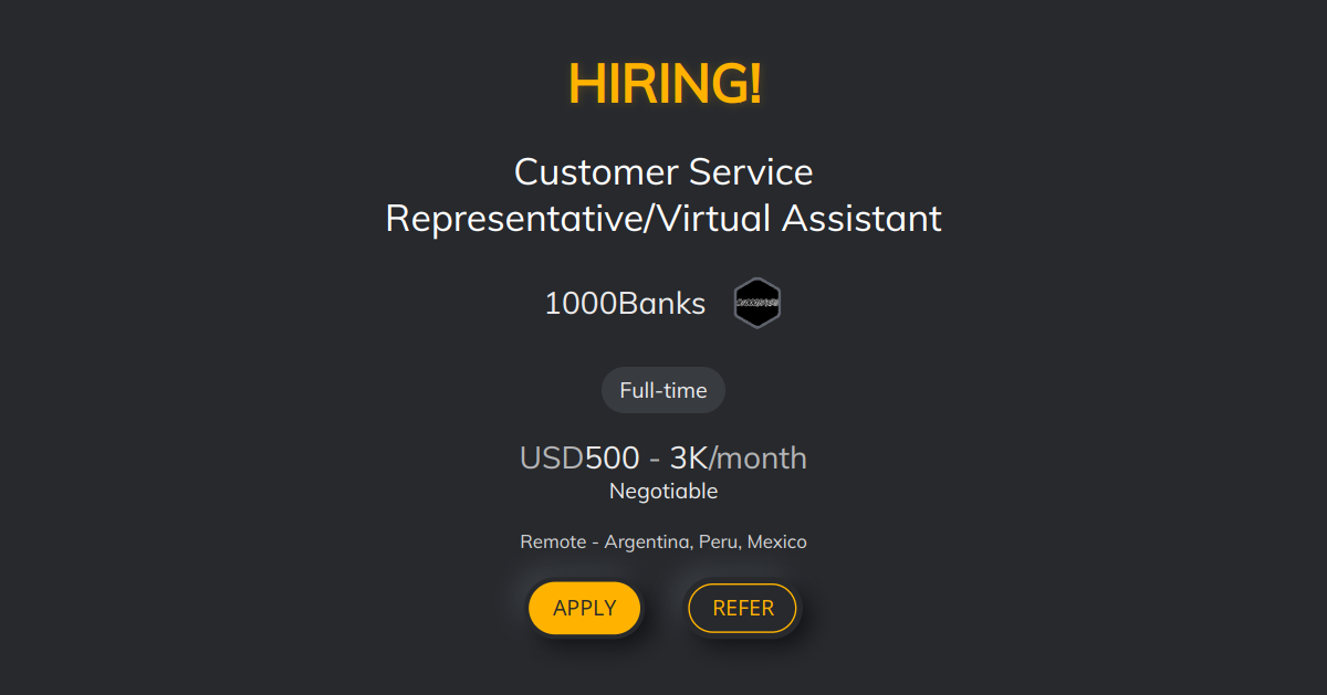 Customer Service Representative/Virtual Assistant at 1000Banks | Torre