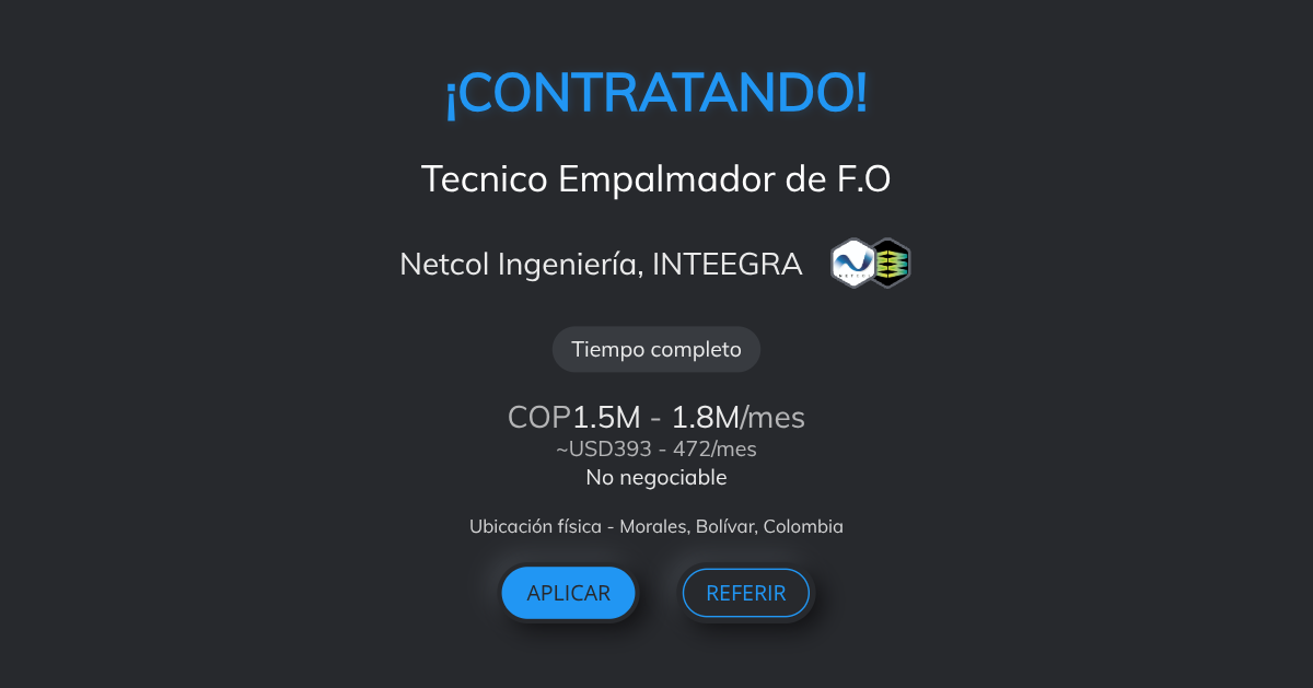 Tecnico Empalmador de F.O en Netcol Ingeniería, INTEEGRA | Torre