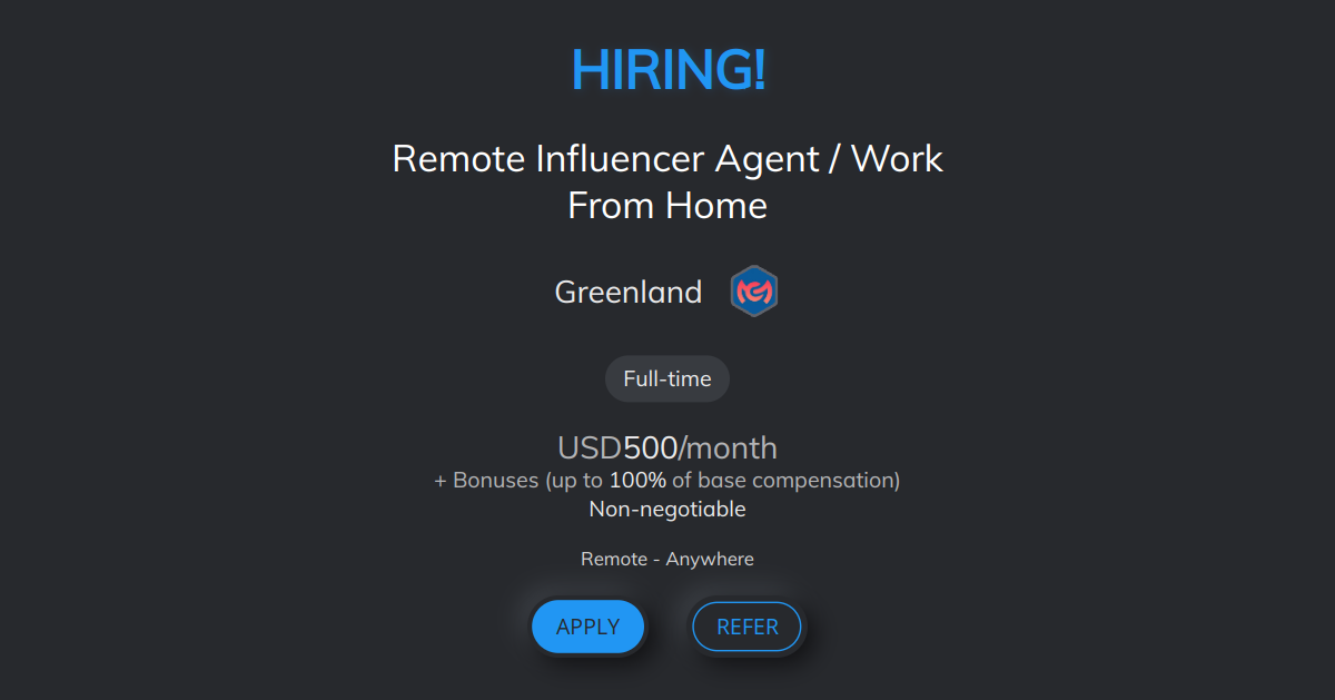 Remote Influencer Agent / Work From Home at Greenland | Torre