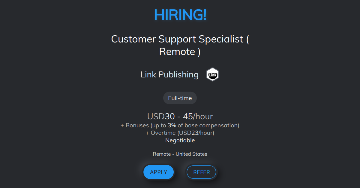 Customer Support Specialist ( Remote ) at Link Publishing | Torre