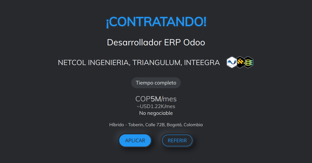 Desarrollador ERP Odoo en Netcol Ingeniería, TRIANGULUM, INTEEGRA | Torre